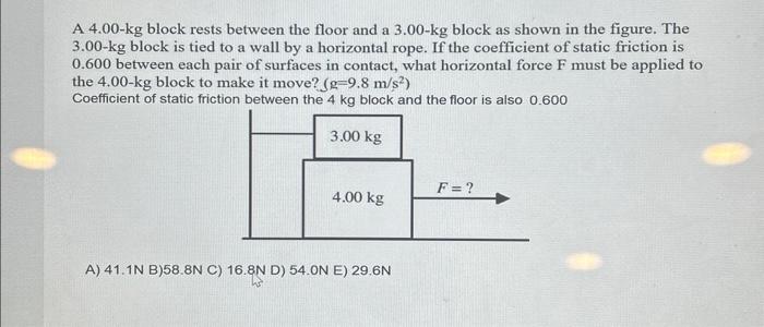 Solved A 4.00−kg block rests between the floor and a 3.00−kg | Chegg.com