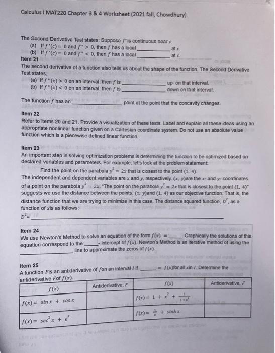 Solved Calculus I MAT220 Chapter 3 & 4 Worksheet (2021 fall, | Chegg.com