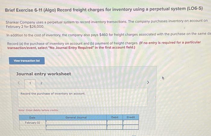 Solved Brief Exercise 6-11 (Algo) Record freight charges for | Chegg.com