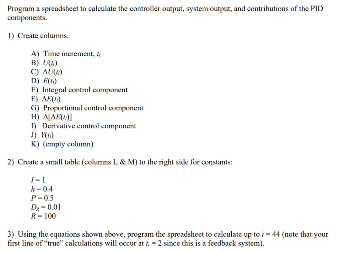 Solved Program a spreadsheet to calculate the controller | Chegg.com
