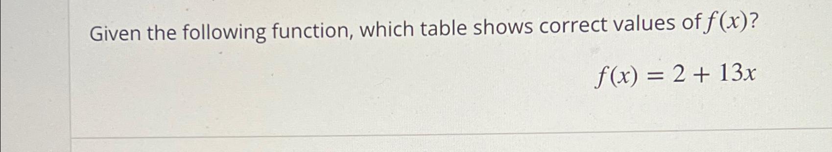 Solved Given the following function, which table shows | Chegg.com