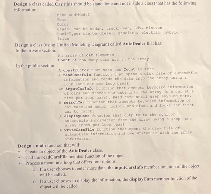 Solved Design a class called Car (this should be standalone | Chegg.com