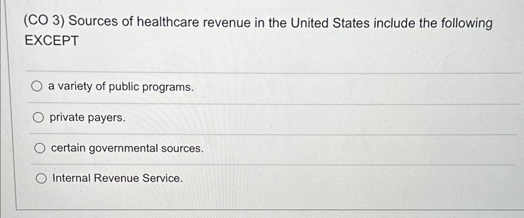Solved (CO 3) ﻿Sources of healthcare revenue in the United | Chegg.com