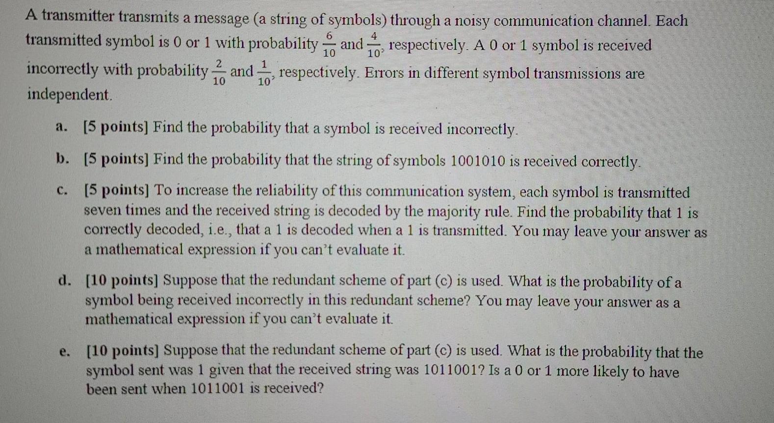 Solved 4 A Transmitter Transmits A Message A String Of 5281
