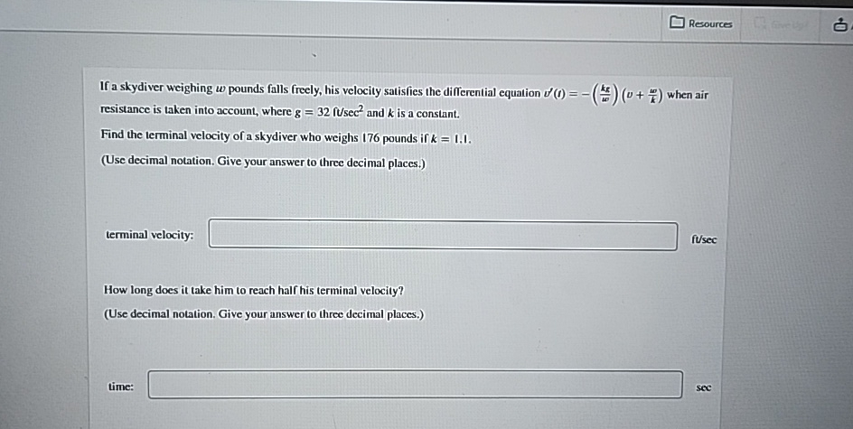 Solved ResourcesIf a skydiver weighing w ﻿pounds falls | Chegg.com