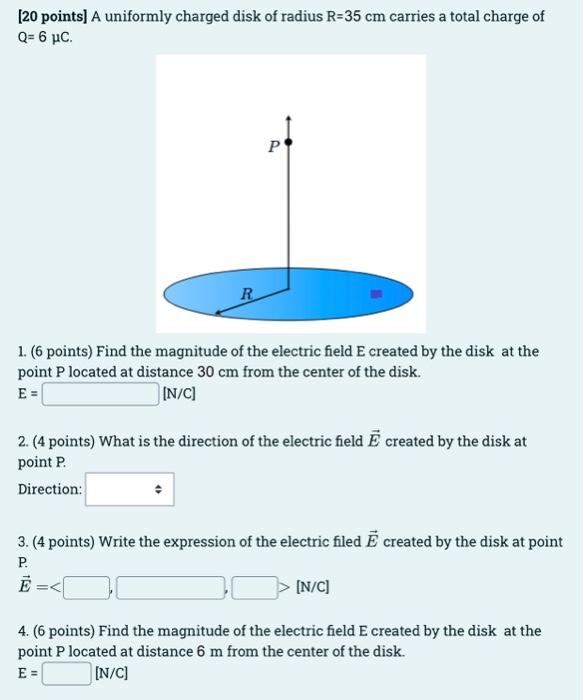 Solved [20 points] A uniformly charged disk of radius R=35 | Chegg.com