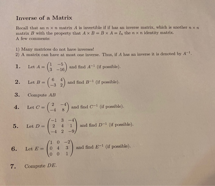 Solved Inverse of a Matrix Recall that an n x n matrix A is | Chegg.com