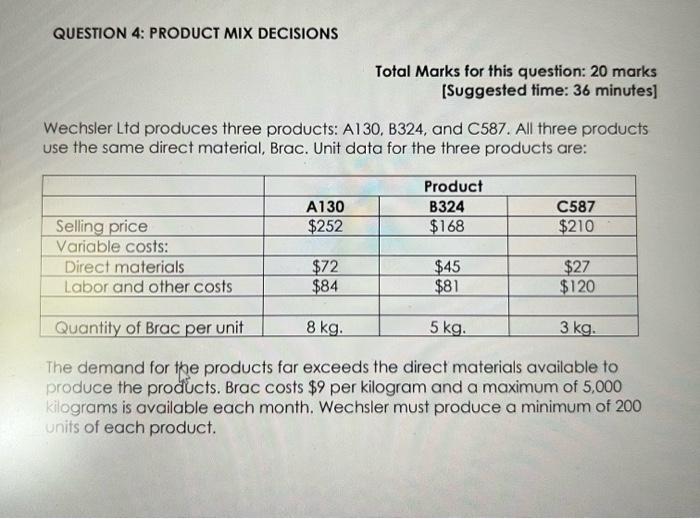 Solved QUESTION 4: PRODUCT MIX DECISIONS Total Marks for | Chegg.com