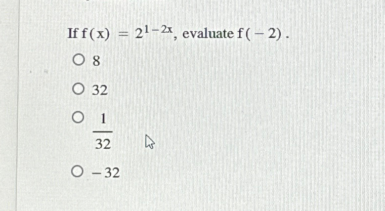 Solved If f(x)=21-2x, ﻿evaluate f(-2).832132-32 | Chegg.com