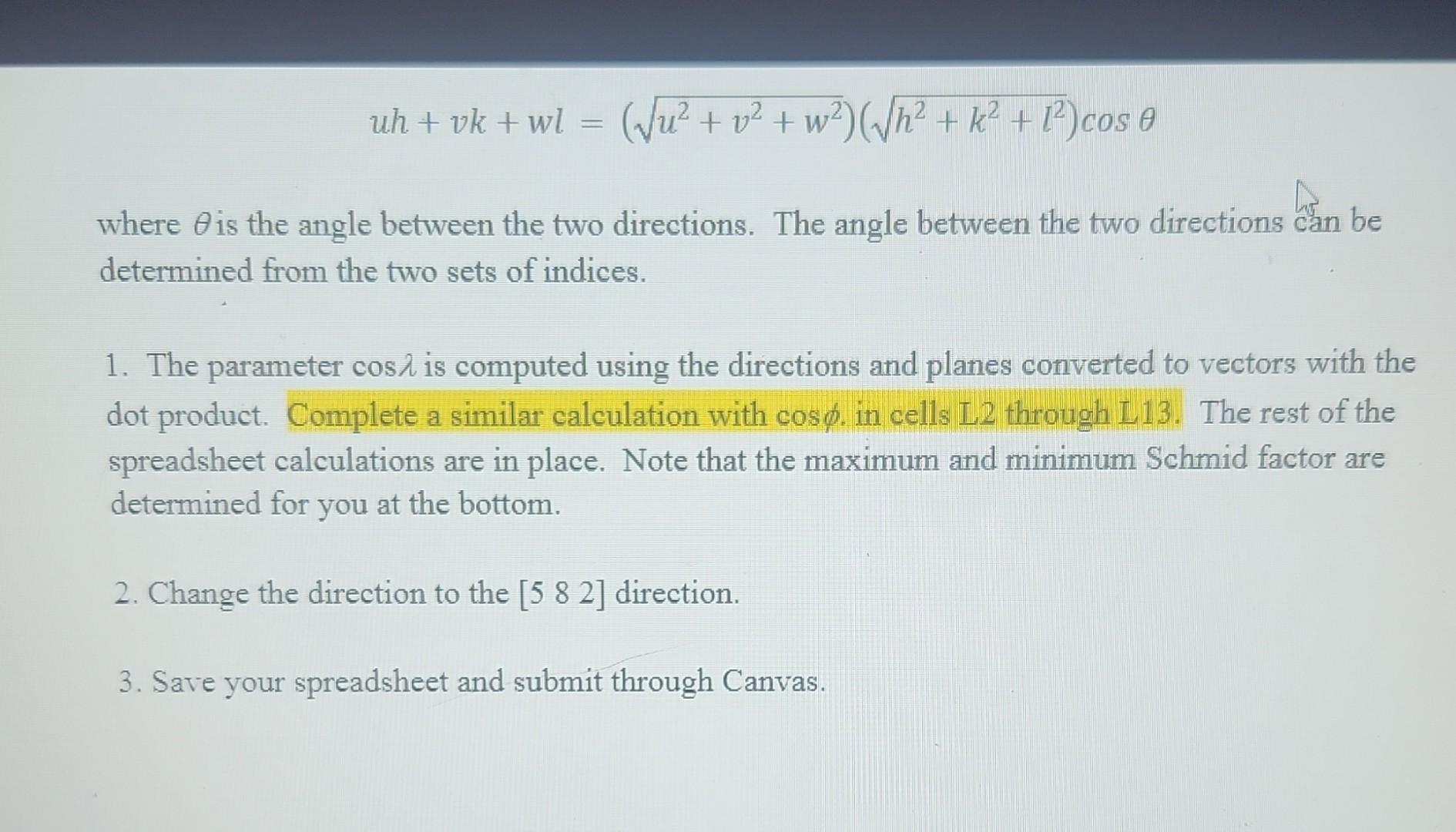 Use the template spreadsheet to make a Schmid factor | Chegg.com
