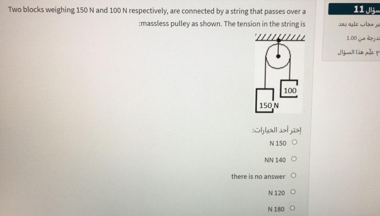 Solved سؤال 11 Two blocks weighing 150 N and 100 N | Chegg.com