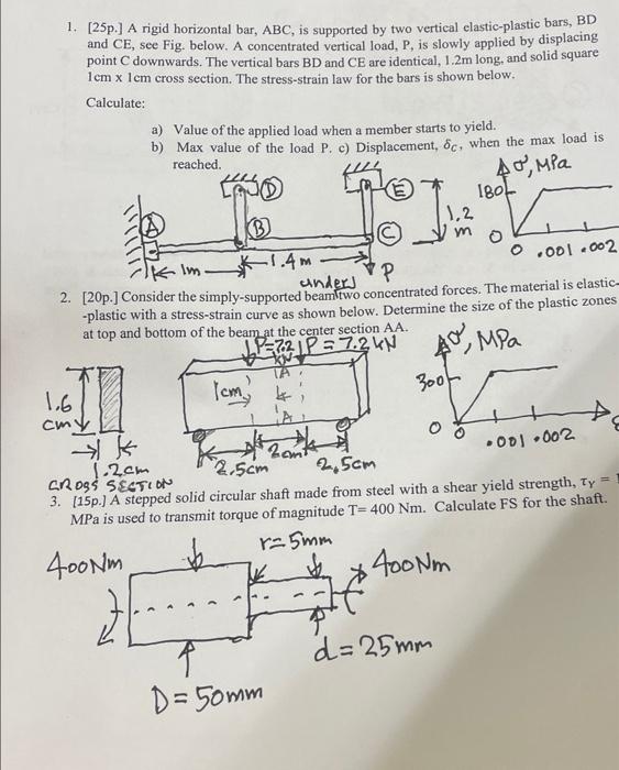 Solved 1. [25p.] A rigid horizontal bar, ABC, is supported | Chegg.com