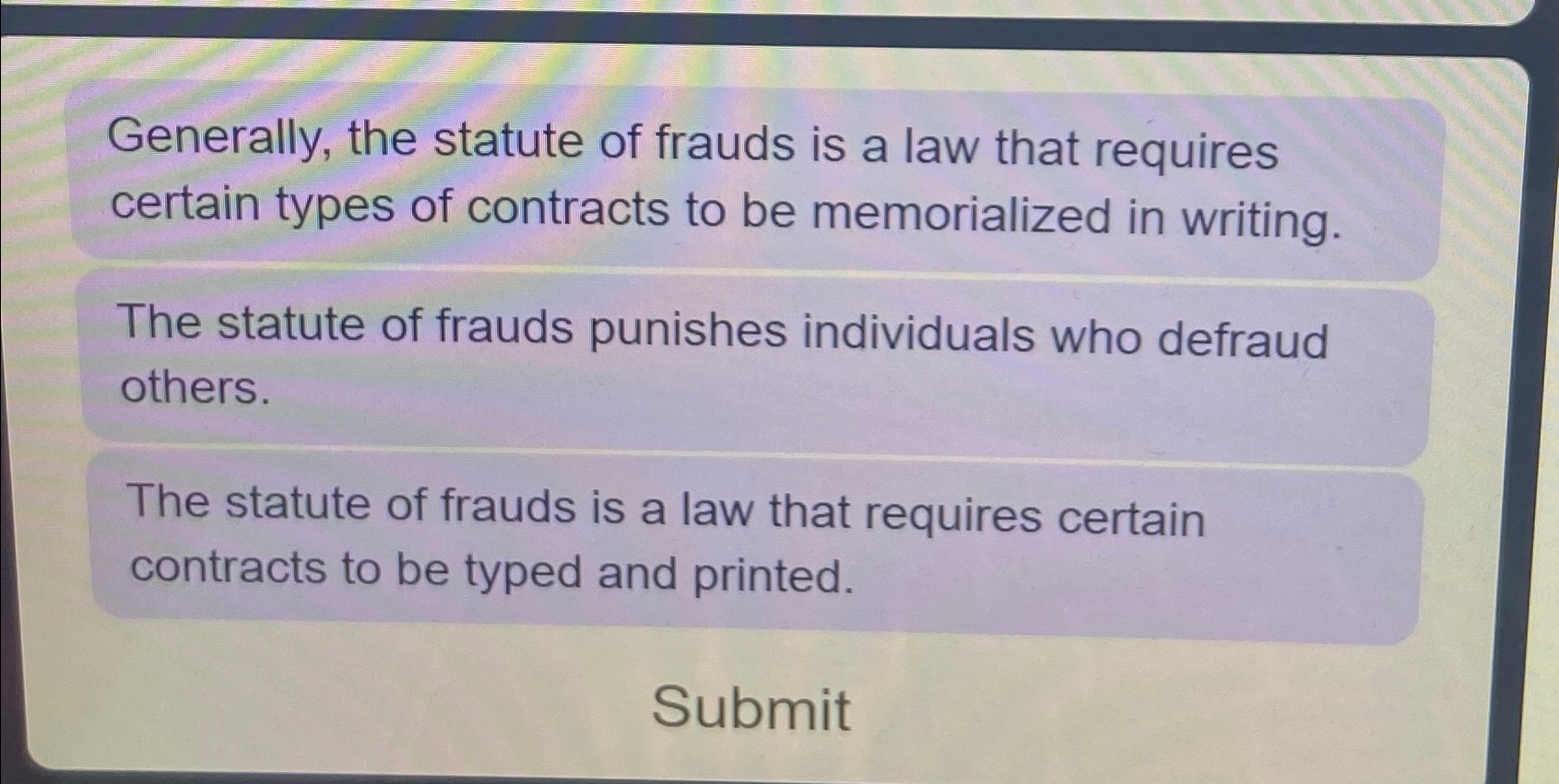 Solved Generally, the statute of frauds is a law that | Chegg.com