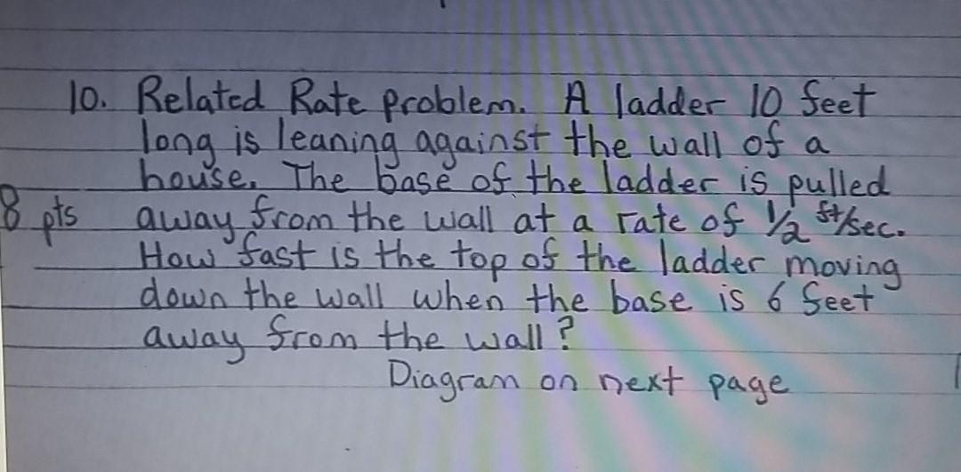 Solved 10. Related Rate problem. A ladder 10 feet long is | Chegg.com