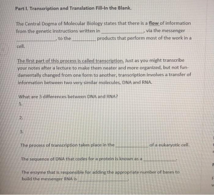 Solved Part 1. Transcription and Translation Fill-In the | Chegg.com