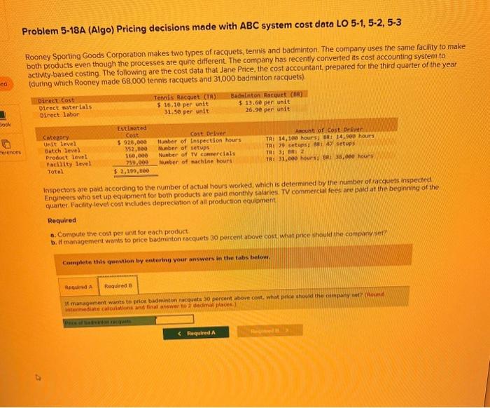 Solved Problem 5-18A (Algo) Pricing decisions made with ABC | Chegg.com