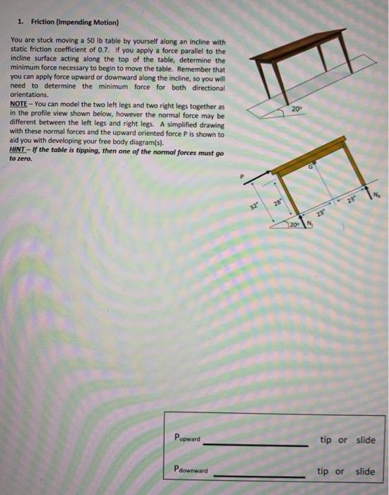 Solved 1. Friction (Impending Motion) You are stuck moving a | Chegg.com