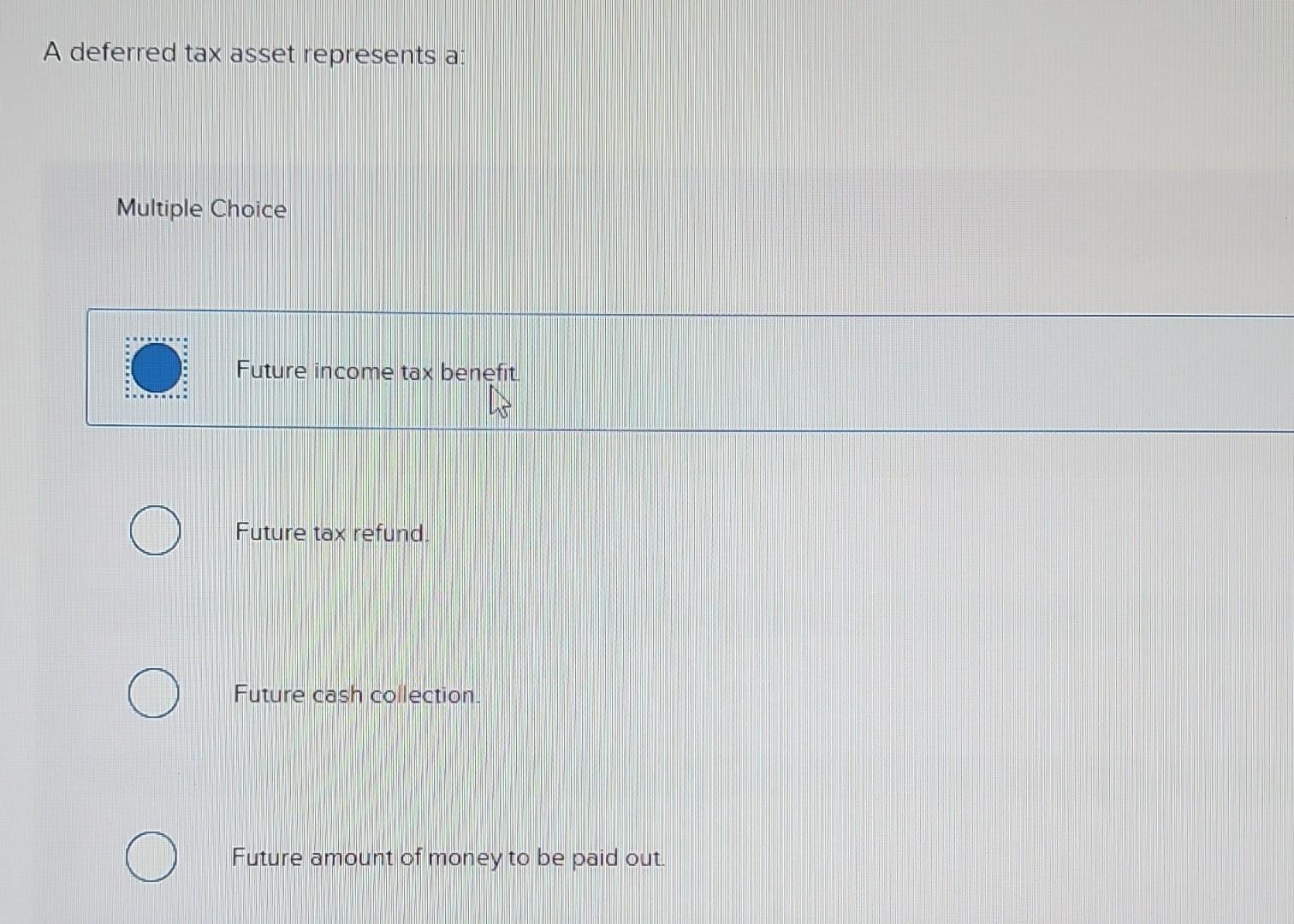 Solved A deferred tax asset represents a: Multiple Choice | Chegg.com
