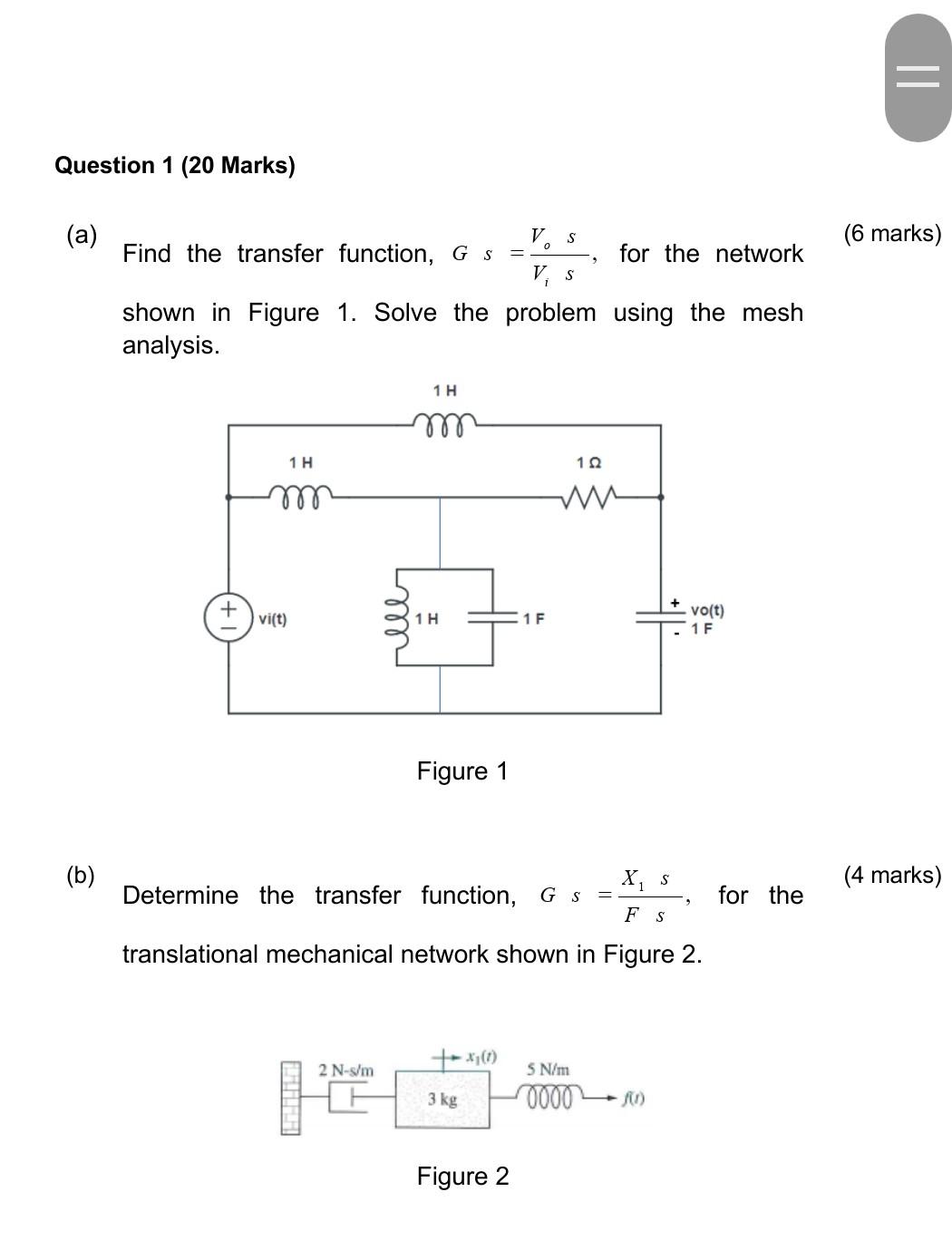 Solved Question 1 (20 Marks) (a) (b) Find the transfer | Chegg.com