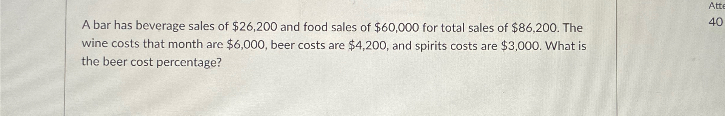 Solved A bar has beverage sales of $26,200 ﻿and food sales | Chegg.com