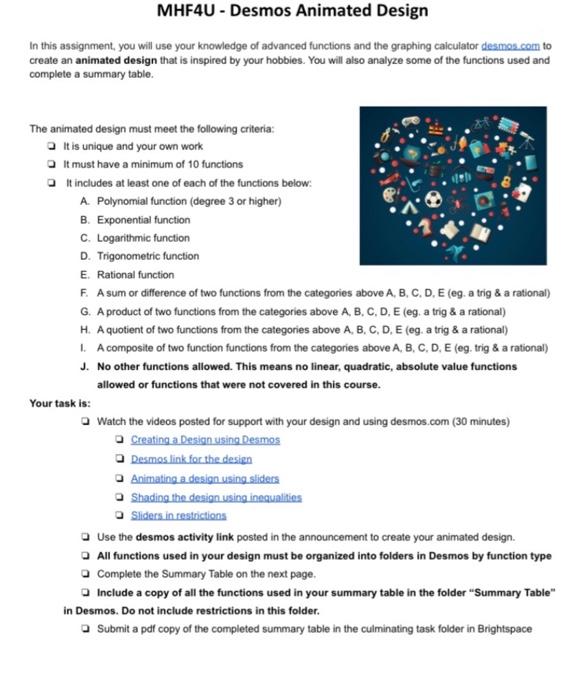 Solved MHF4U - Desmos Animated Design In this assignment, | Chegg.com