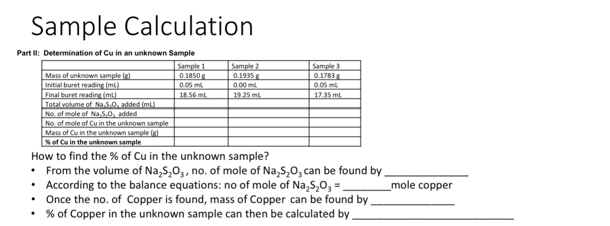 Sample CalculationPart II: Determination of Cu ﻿in an | Chegg.com