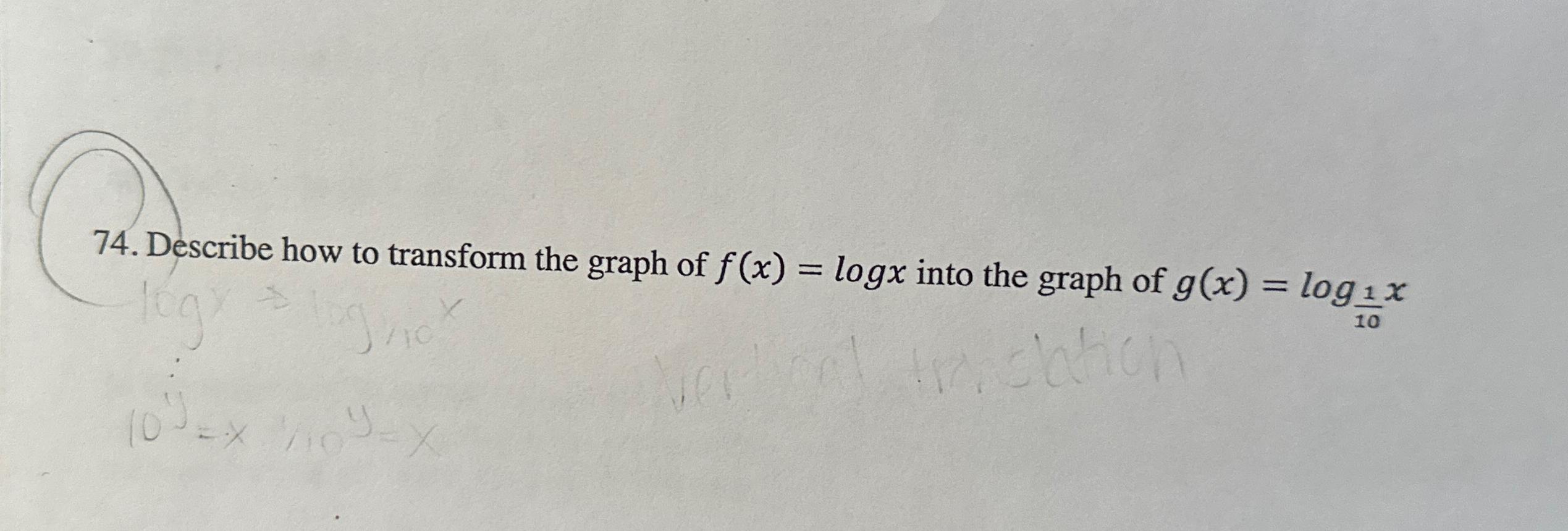 Solved Describe how to transform the graph of f(x)=logx | Chegg.com Solved Describe how to transform the graph of f(x)=logx | Chegg.com
