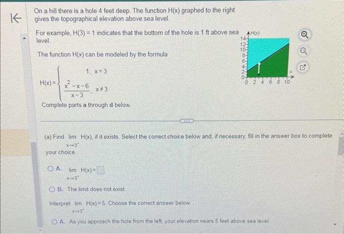 Solved On a hill there is a hole 4 feet deep. The function | Chegg.com