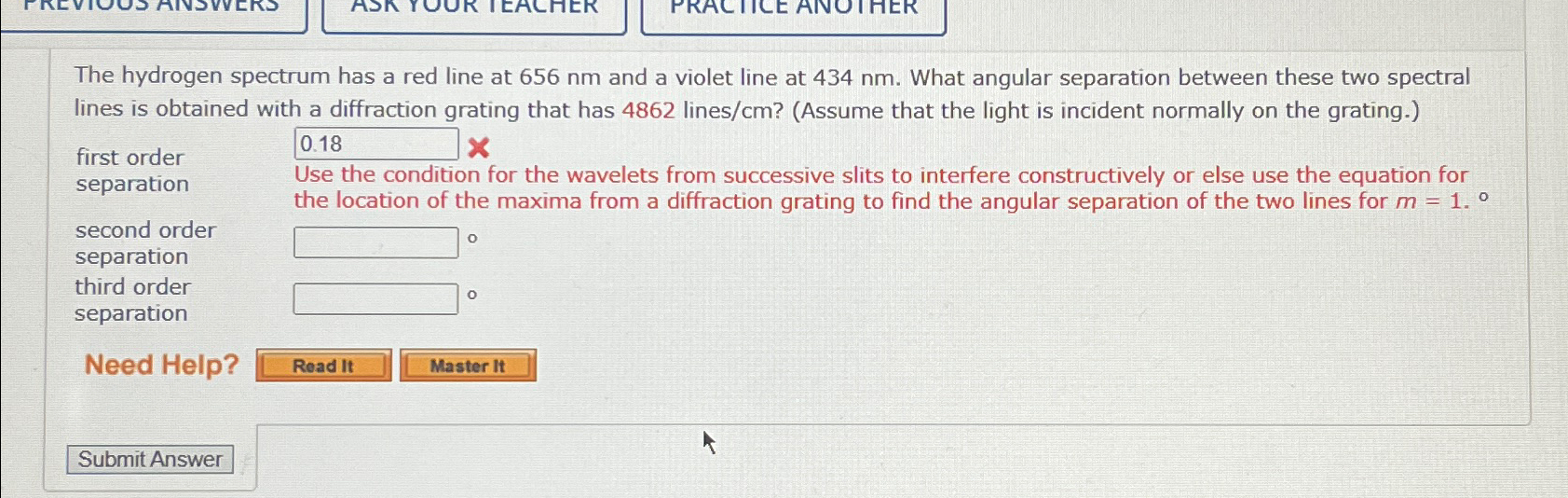 Solved The hydrogen spectrum has a red line at 656nm ﻿and a | Chegg.com