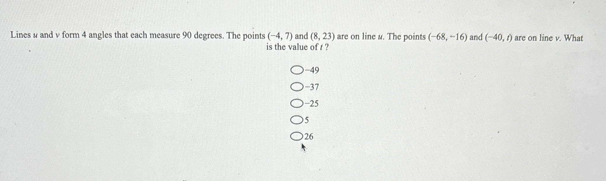 Solved Lines u ﻿and v ﻿form 4 ﻿angles that each measure 90 | Chegg.com