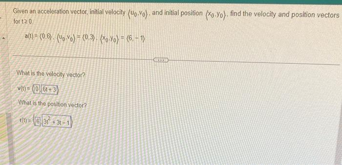 Solved Given an acceleration vector, initial velocity | Chegg.com