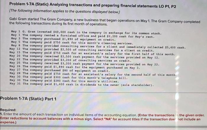 Solved Problem 1-7A (Static) Analyzing transactions and | Chegg.com