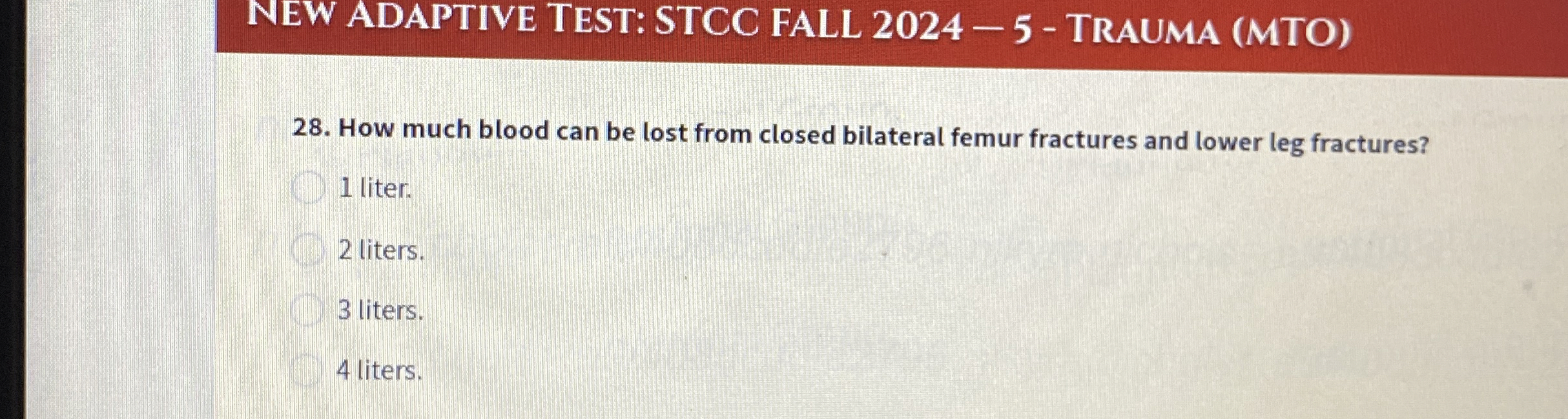 Solved NEW ADAPTIVE TEST: STCC FALL 2024 - 5 - ﻿TRAUMA | Chegg.com
