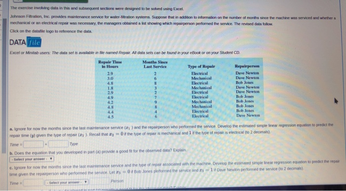 Solved The exercise involving data in this and subsequent | Chegg.com Solved The exercise involving data in this and subsequent | Chegg.com
