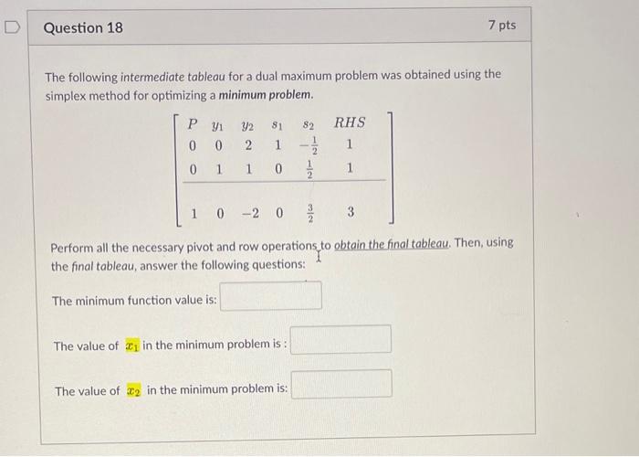 Solved The following intermediate tableau for a dual maximum | Chegg.com
