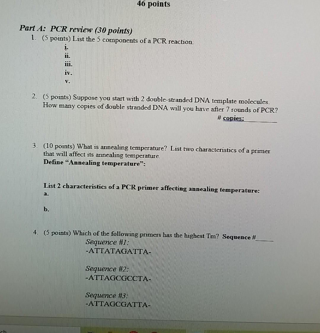Solved 46 points Part A: PCR review (30 points) 1. (5 | Chegg.com
