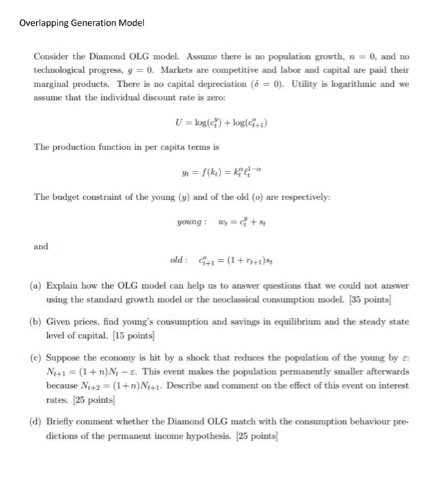 Overlapping Generation Model Consider the Diamond OLG | Chegg.com
