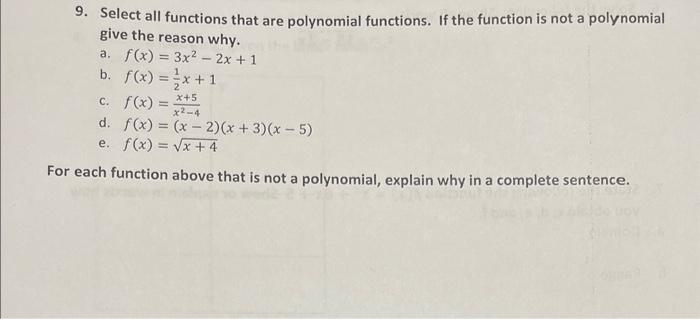 Solved 9. Select all functions that are polynomial | Chegg.com