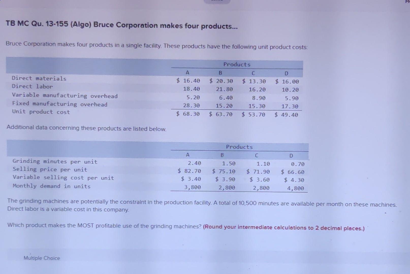 Solved TB MC Qu. 13-155 (Algo) Bruce Corporation makes four | Chegg.com