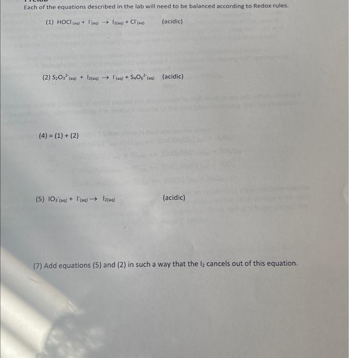 Solved (1) HOCl(aa) +I(aa) →I2(sa)+Cl(oa) (acidic) (2) | Chegg.com