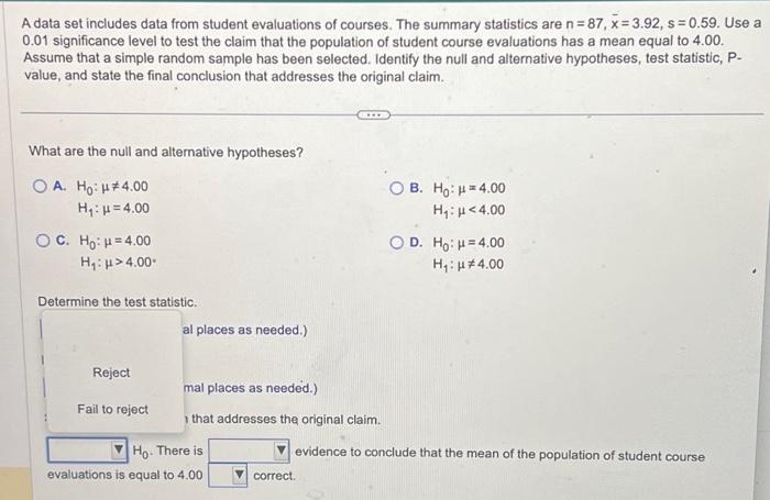 Solved A data set includes data from student evaluations of | Chegg.com