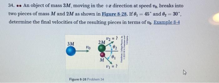 Solved 34. .. An object of mass 3M, moving in the +direction | Chegg.com