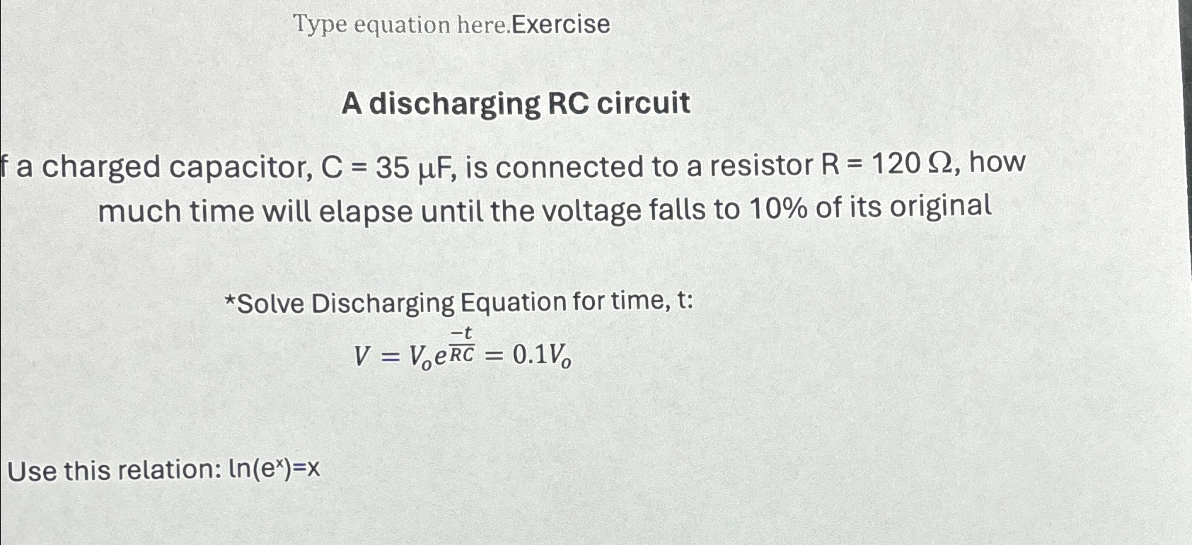 Solved Type equation here. ExerciseA discharging RC | Chegg.com