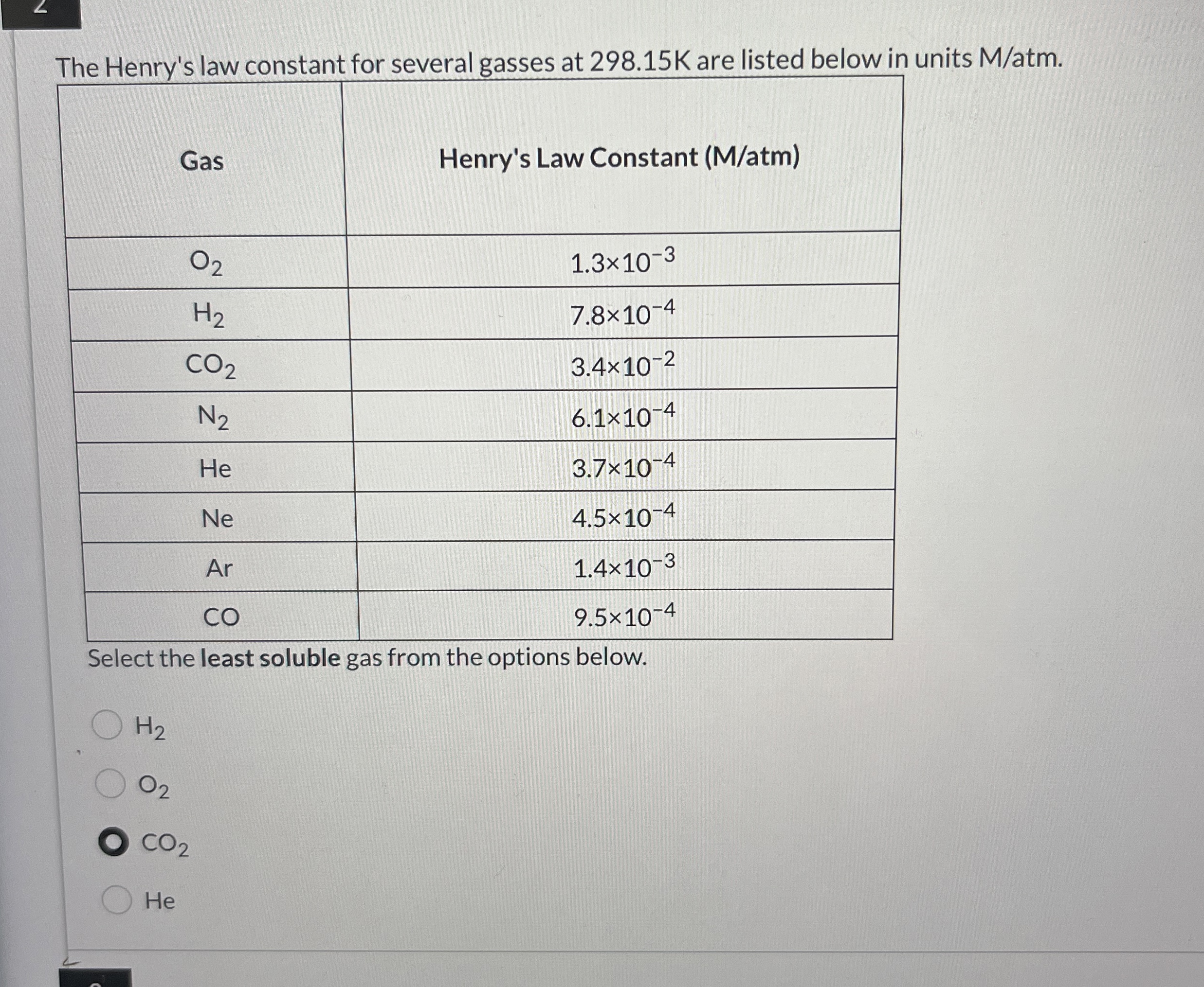 Solved 2The Henry's law constant for several gasses at | Chegg.com