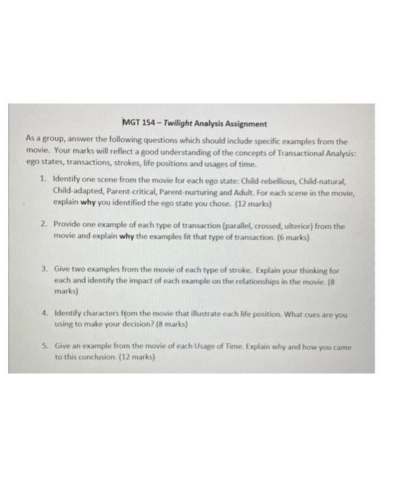 Solved MGT 154-Twilight Analysis Assignment As a group, | Chegg.com