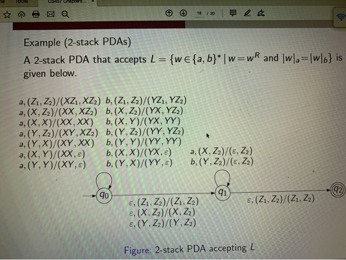 Solved 1OOIS 18 /20 Example (2-stack PDAS) =wR and |wa=|w|b} | Chegg.com