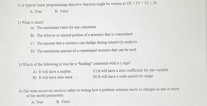 Solved 1 A Typical Linear Programming Objective Function