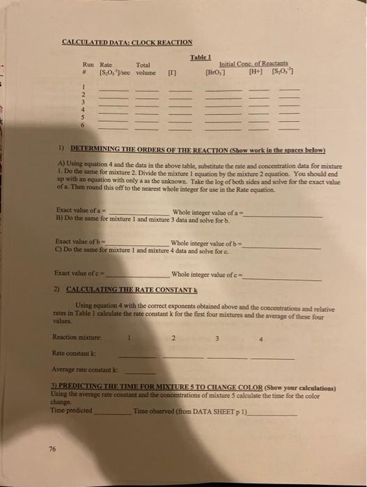 Name Date Kinetics Data Sheet PARTI Time for Color | Chegg.com
