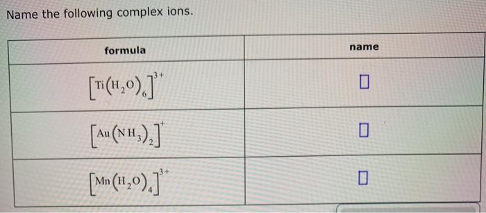 Solved Name the following complex ions. formula name | Chegg.com