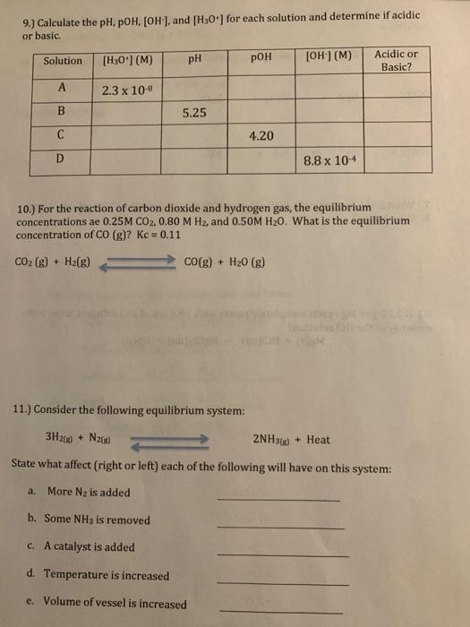 Solved 9.) Calculate the pH, POH, [OH-], and [H0] for each | Chegg.com